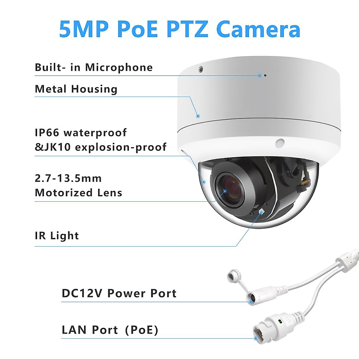 Inwerang Security 5.0MP H.265 POE IP PTZ Camera, 5X 2.7-13.5mm AF Lens, IP66 Waterproof Outdoor/Indoor Vandalproof Network Dome Camera, Audio in, 98ft Night Vision