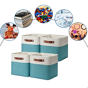 DULLEMELO Foldable Storage Cubes 11 x 11 Organizer Bins,Canvas Storage Bins Empty Gift Baskets for Organizing with SturdyLeather Handles, Closet Baskets for Nursery Storage(4 Pack - 11" White&Teal)