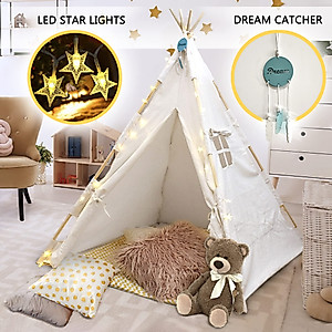 Teepee Tent for Kids - Indoor Tent, Pompon Ball Design, Built-in Mat, Inner Pockets, Window, LED Star Lights, Dream Catcher, Unique Threaded Poles - Strong Foldable Play Tent for Girls & Boys.