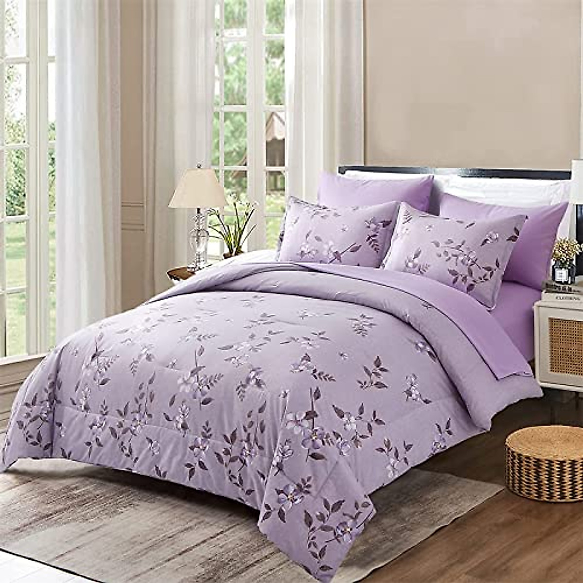 Yiran 7 Pieces Bed in a Bag Purple Botanical Plant Flowers Comforter Set Soft Microfiber Bedding Queen Comforter Sets with 1 Comforter 2 Pillowshams 1 Flat Sheet 1 Fitted Sheet and 2 Pillowcases