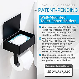 Day Moon Designs Toilet Paper Holder with Shelf - Flushable Wipes Dispenser & Storage Fits Any Bathroom, Keep Your Wet Wipes Hidden - Stainless Steel Wall Mount Bathroom Organizer - Matte Black, Small
