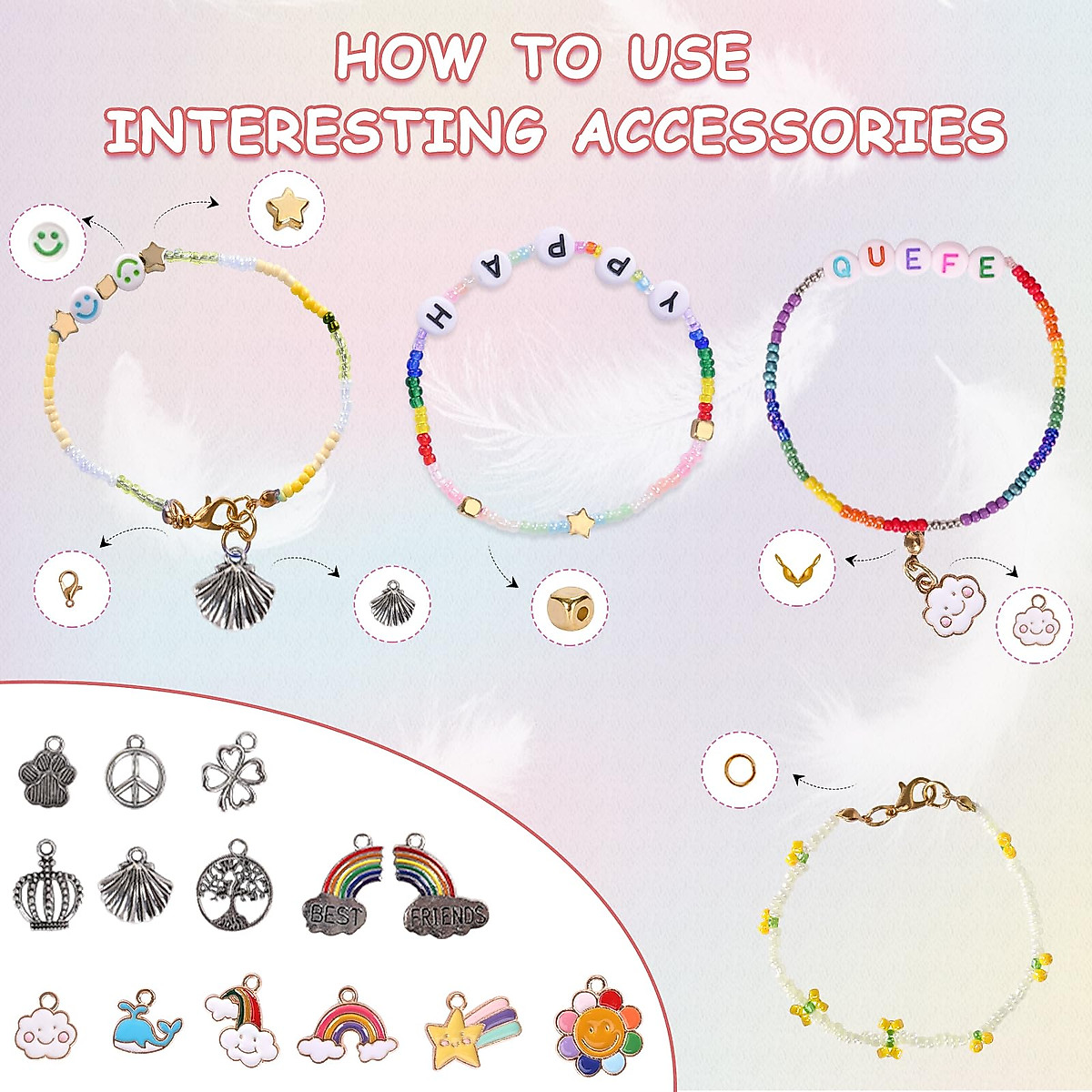 QUEFE 24000pcs 3mm Glass Beads for Jewelry Making Kit, 96 Colors Glass Seed Beads with Pendant Charms and Letter Beads for Friendship Bracelets Necklace Earring Ring Making