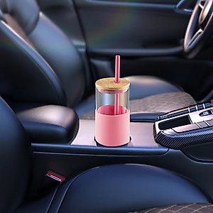 Klickpick Home 20 Ounce Glass Tumblers With Non Slip Silicone Sleeve And 3 Straws And 2 Wooden Fit Lid For Each Glass Water Bottle Tumbler BPA Free (Pink)