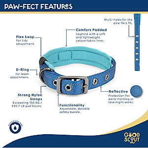 Good Scout Padded Heavy Duty Dog Collar for Large Dogs, Puppy Training Collar with Adjustable Flex Loop for Comfortable Fit, Reflective Material & D-Ring for Quick Leash Attachment, Blue/Sky