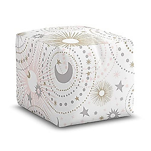 Sweet Jojo Designs Blush Pink Gold Star and Moon Girl Ottoman Pouf Cover Unstuffed Poof Floor Footstool Square Cube Pouffe Storage for Baby Nursery Kids Room Grey Celestial Sky Stars Gray Shabby Chic