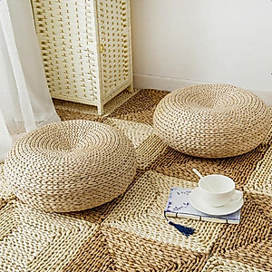 Knitted Straw Flat Seat Cushion, 15.7inch Round Pouf Tatami Cushion Floor