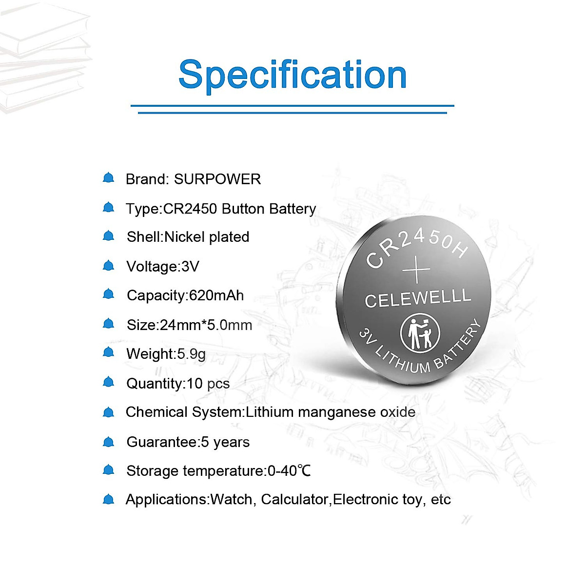 SURPOWER CR2450 3V Lithium Battery DL2450-10 Pack【5-Year Warranty】