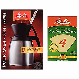 Melitta Thermal Carafe 10-Cup Pour-Over Coffee Brewer with 40 Extra #4 Natural Brown Cone Filters