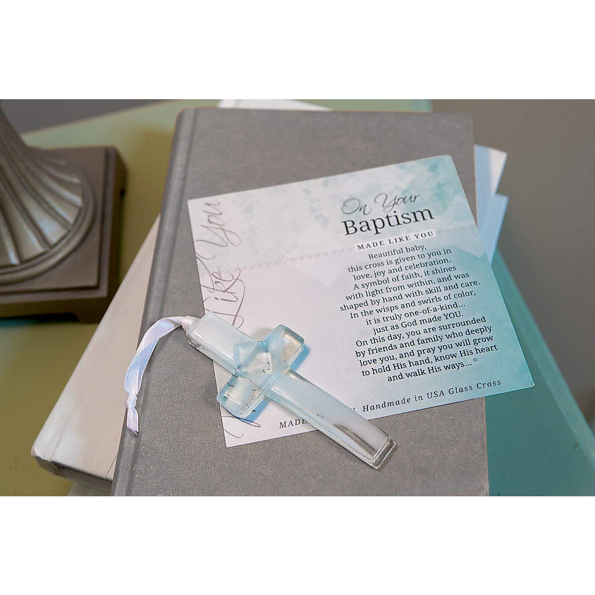 On Your Baptism Beautiful Baby Handmade Aqua Glass Cross - Treasured Baptism Gift for Baby Girl or Boy