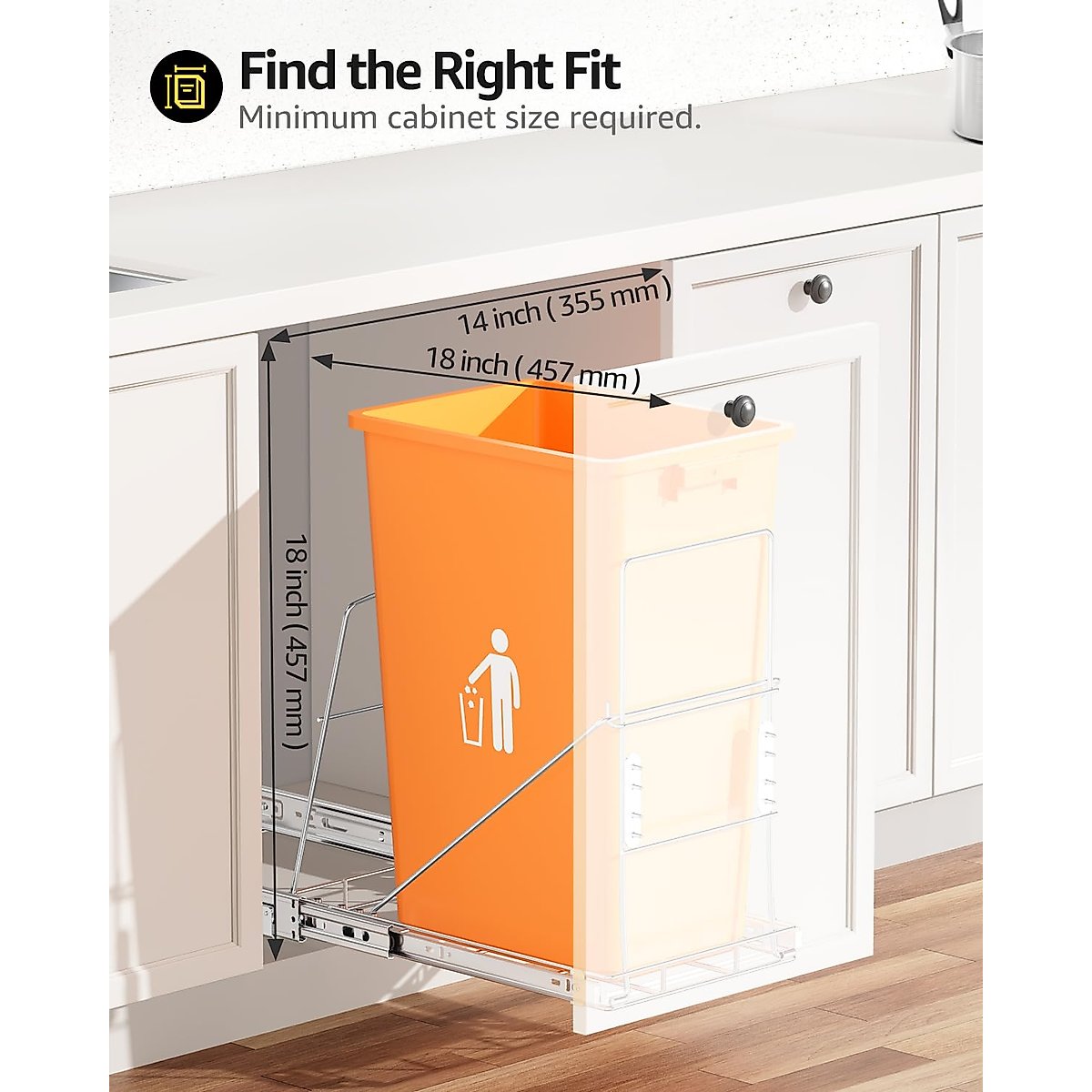 RUNMI Pull Out Trash Can Under Cabinet, Under Sink Trash Can Rack with Door Mounting Kit, Cabinet Trash Can Pull Out Kit Holds 7-10 Gallon Trash Can, for Kitchen Cabinet, Trash Can Not Included