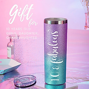 Onebttl Birthday Gifts for 10 Year Old Girls, 10 & Fabulous, 20OZ Stainless Steel Insulated Skinny Tumbler, Best Gift for 10th Birthday for Daughters, Granddaughters, Nieces, Glitter Blue & Purple
