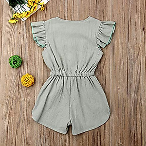 Toddler Kids Baby Girl Flutter Sleeve Short Romper Jumpsuit Botton Down Shirt Tops with Bowknot (Light Green 6-12 Months)