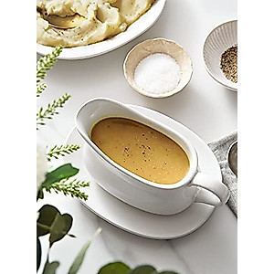 LE TAUCI 17oz Gravy Boat with Saucer Stand, Set of 1, Ceramic Sauce Boat with Tray for Salad Dressings, Creamer, Broth, Black Pepper, WHITE