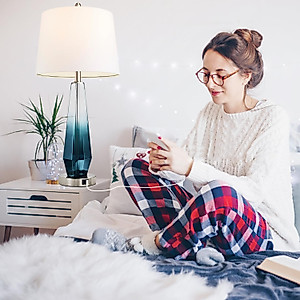 Modern Table Lamps Set of 2, 28" Teal Tall Lamp with USB C+A, Blue Glass Lamp Coastal Lamps with Linen Shade, Nightstand Bedside Lamps for Living Room End Table Buffet Lamps