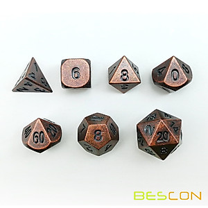 Bescon Antique Copper Solid Metal Polyhedral D&D Dice Set of 7 Old Copper Metal RPG Role Playing Game Dice 7pcs Set