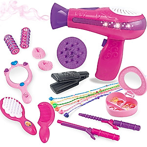 MEGAFUN Little Girls Beauty Hair Salon Toy Kit with Toy Hairdryer, Mirror & Other Accessories, Fashion Pretend Makeup Set for Kids
