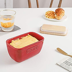 KOOV Porcelain Butter Dish with Lid for Countertop, Airtight Butter Container with Oak Lid, Butter Dishes with Covers, Butter Crock Boat-shaped Series (Red)