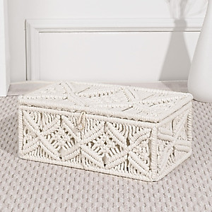 ANMINY Macrame Storage Basket with Lid & 25Pcs Organza Gift Bags Bohemian Jewelry Box Handmade Woven Natural Cotton Rope Lidded Bin Decorative Desktop Organizer Countertop Tank Shelf Cabinet Container