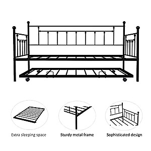 gaodashang Twin Size Metal Frame Daybed with Pullout Trundle,Heavy Duty Steel Slat Support Sofa Bed for Guest,No Spring Box Needed,Black