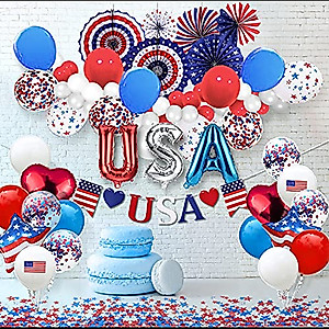 NAIWOXI Patriotic Decorations - American Flag Decorations Included Banner, Paper Fans, Confetti, Photo Booth Props, Garland Balloons, for Presidents Day, Election Day Party, 4th of July Party Supplies