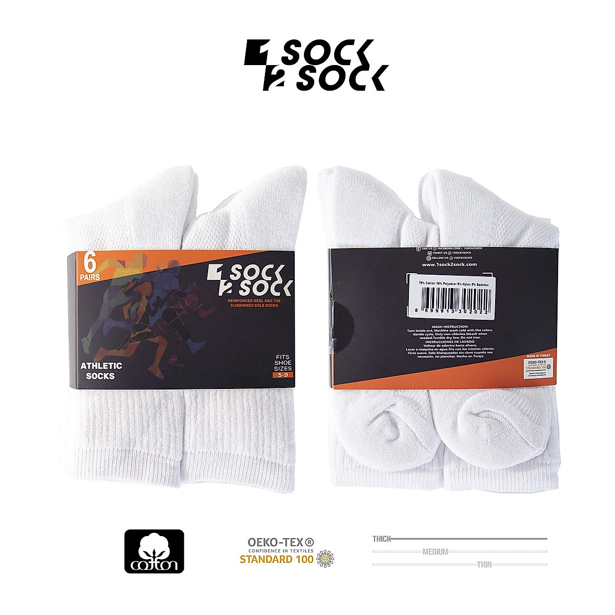 1SOCK2SOCK 6 Pack Performance Cotton Cushion Crew Athletic Sport Socks Moisture Wicking Arch Support Band White