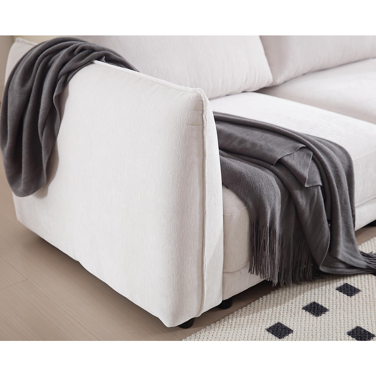 QIUKIU Convertible Sectional Sofa with Ottoman, Chenille L Shaped 3 Seat Modular Sectional Sofa Couch with Mobile Footsool, Modern Upholstered Sofa with Arm for Living Room, Apartment, Office, White