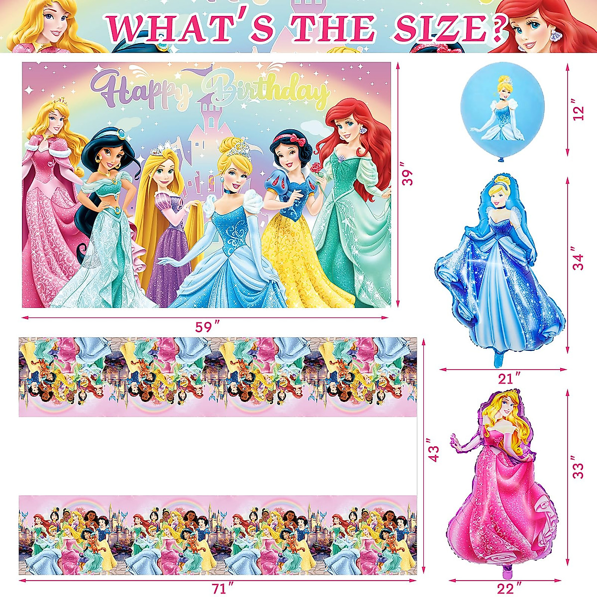 Princess Birthday Decorations - Princess Party Decorations include Banner Tablecloth Backdrop Ballons Cake Cupcake Toppers Tableware Haning Swirls, Princess Birthday Party Supplies