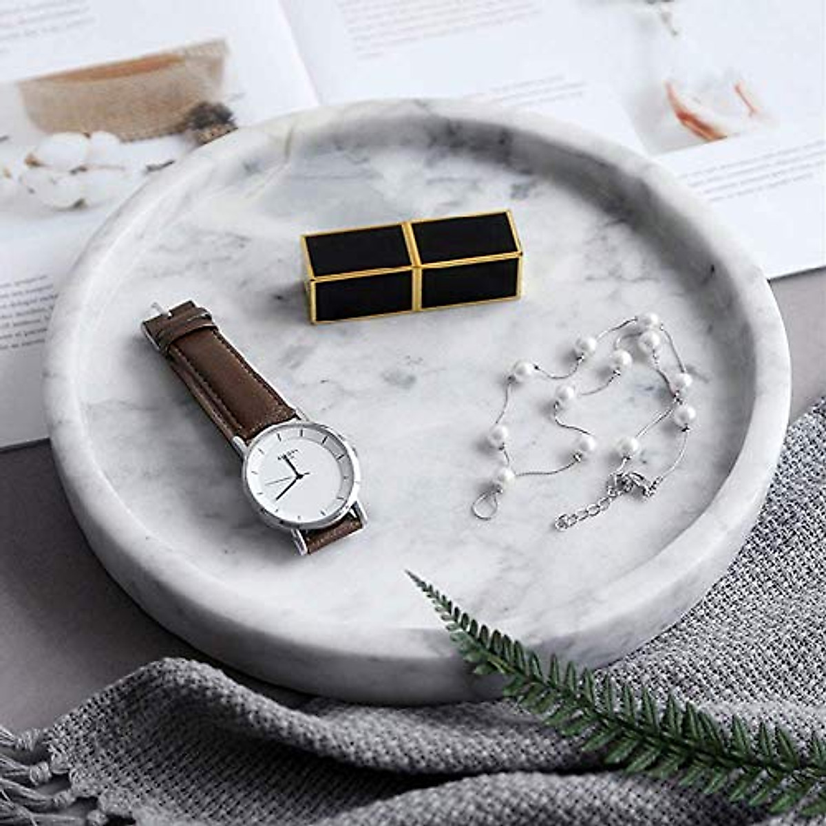 StonePlus Natural Real Marble Vanity Bathroom Tray/Neat Organizer for Cups, Shampoo Perfume Jewelry (Dark Grey, 9.84Dx1.18H)