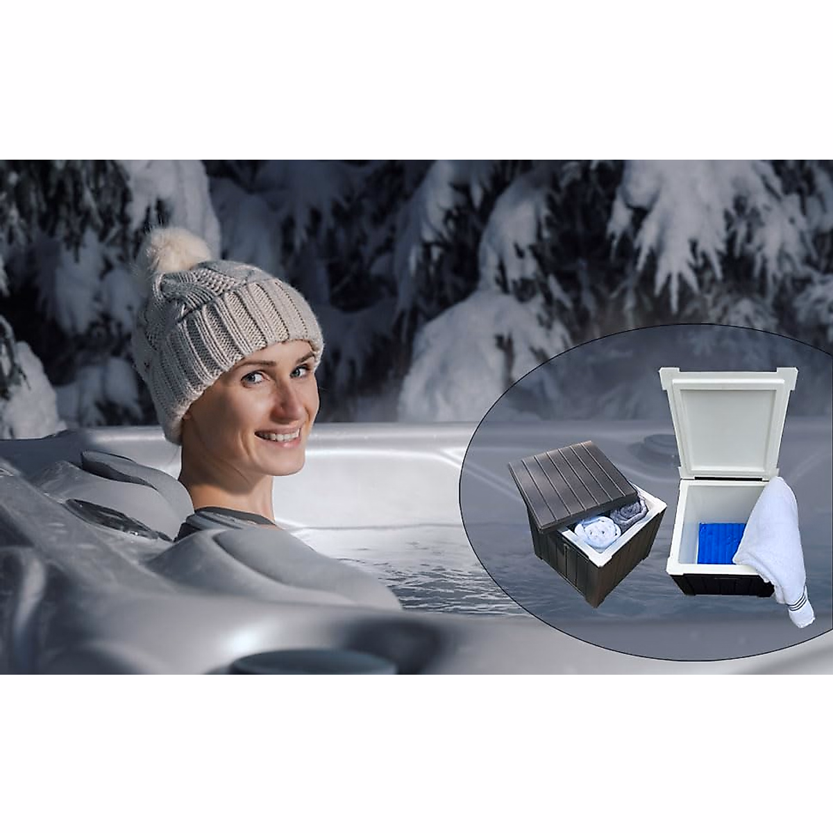 Hot Tub Towel and Robe Warmer/Cooler/Deck Box with Microwavable Heat Pad - Weather-Resistant, Large Capacity for Outdoor Hot Tub Pool or Spa (Black)