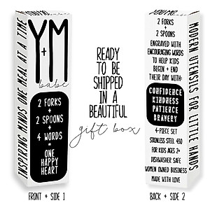 Toddler Spoons and Forks for Self Feeding | 4pc Stainless Steel Utensils Engraved with Positive Words to Encourage Eating | Ages 2-6 Kids Utensils