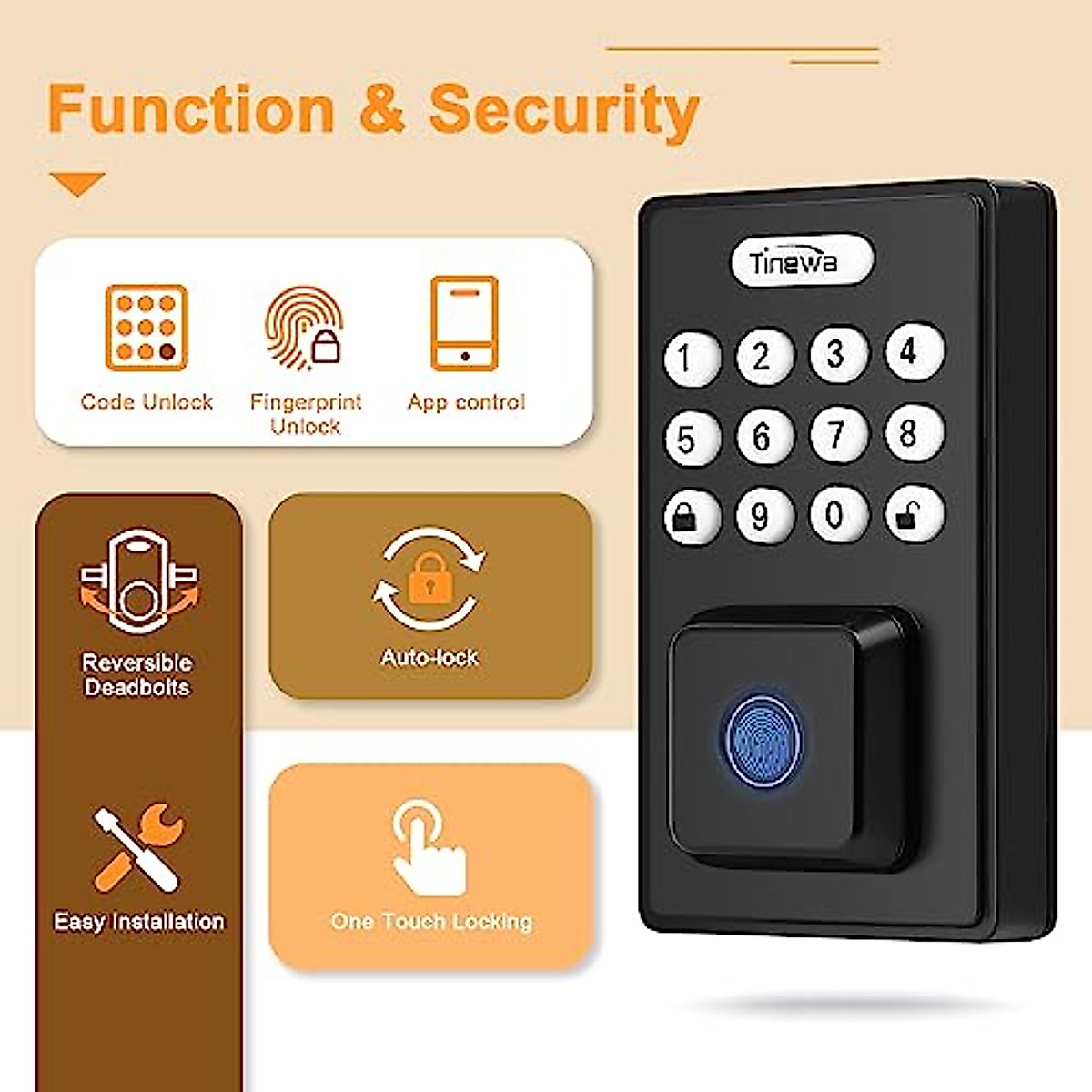 Tinewa Keyless Entry Door Lock with 2 Lever Handles, Fingerprint Entry Door Handleset, Electronic Digital Keypad Deadbolt with App, Auto Lock & One Touch Locking, Front Smart Door Handle Sets, Black