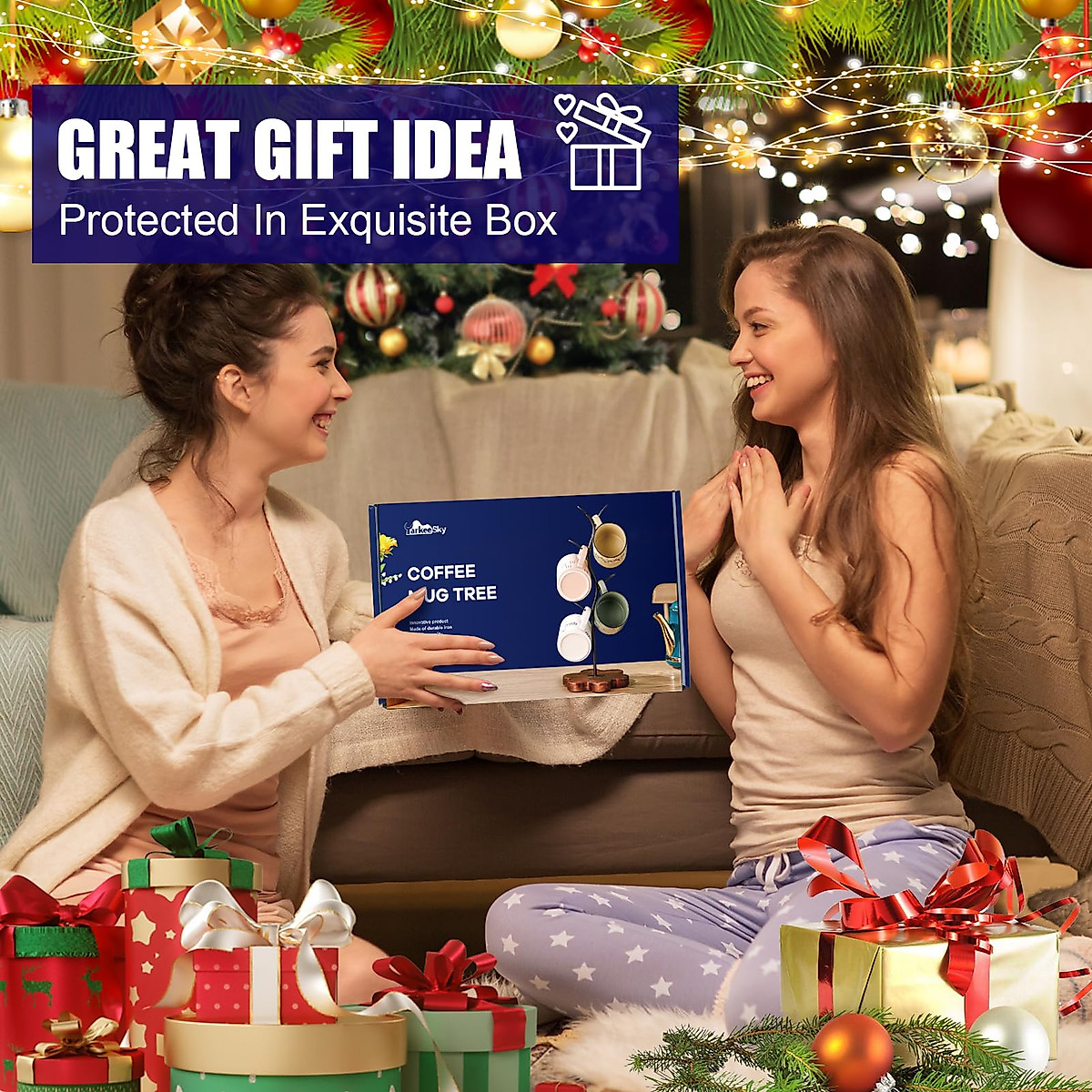 YarkeeSky Mug Holder, Countertop Mug Tree, Leaf Shaped Coffee Mug Tree with Wooden Base, 4 Hooks Coffee Cup Holder for Counter, Coffee Counter Bar Accessory & Kitchen Organizer, Brown