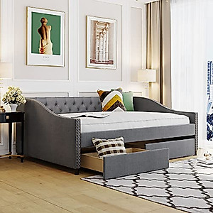 Upholstered Full Daybed with Two Storage Drawers, Full Size Button Tufted Sofa Bed Daybed with Nailhead Trim and Wood Slat Support (Grey Fabric)
