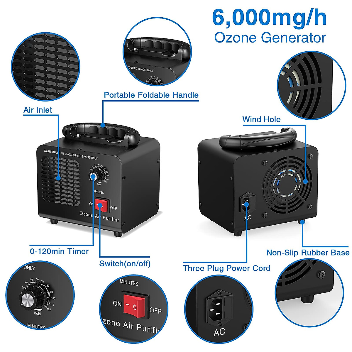 JOBYNA Ozone Generator Air purifier, 6000mg/h Ozone Machine Odor Removal, 120min Time Setting, Auto Shut Off Ozonator Ozone Machine for Car, Room, House, Smoke, and Pet