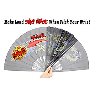 OMyTea Bamboo Large Rave Folding Hand Fan for Men/Women - Chinese Japanese Kung Fu Tai Chi Handheld Fan with Fabric Case - for Performance, Decorations, Dancing, Festival, Gift (Dragon & Phoenix)