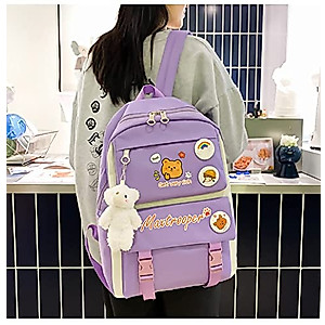 5pcs Cute Aesthetic Backpack Set for Girls Kawaii Large Canvas Shoulder Bag Preppy School Accessories (Purple)