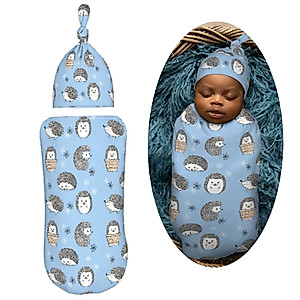 Muishi Cute Hedgehogs Blue Newborn Swaddle Blankets Hat Sets Soft Baby Receiving Blanket Swaddle Sack for Baby Shower Infant Boy Girl Gift