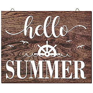 Jetec Hello Summer Wooden Sign Wooden Farmhouse Sign Home Rustic Front Door Decoration Wood Hanging Sign Wall Decor, 9.8 x 7.8 x 0.2 Inch