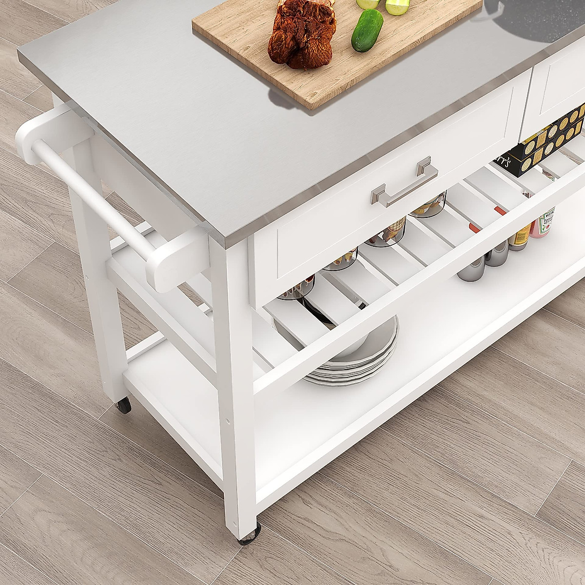 RASOO Kitchen Island White Stainless Steel Top Kitchen Cart On Wheels with 2 Drawers and Storage Shelves, 47.24"x19.68"x35.82"(LxWxH