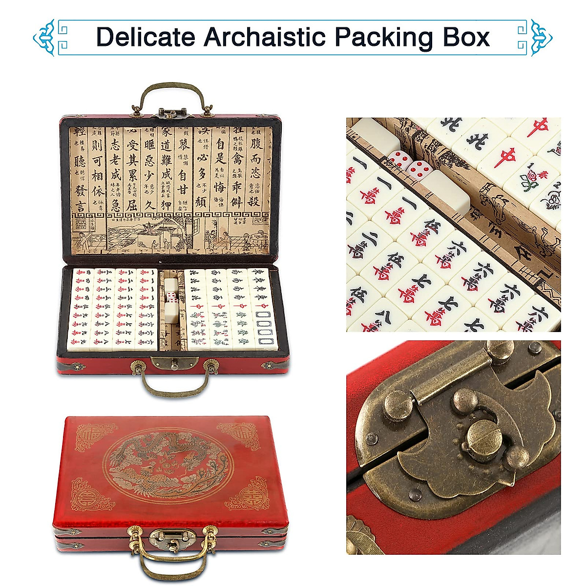 IRONWALLS Chinese Majong Set, 146PCS Mahjong Tile Set with 1” Majongg Tiles, 2PCS Dice & Wooden Carrying Case Box, Complete Majong Game Sets for Travel Party Family Game