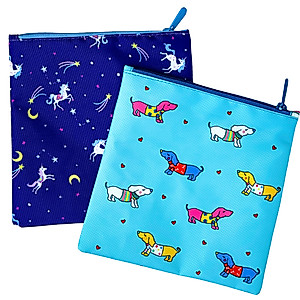 Yumbox Reusable Fabric Sandwich and Snack Bags (Set of 2 Unicorns and Cute Dog prints) for toddlers and kids' lunches. Zip Closure, Wide Opening, Washable, Food Safe, BPA Free, large 8x8 in.