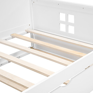 MERITLINE Twin Size Daybed with Trundle and Sensor Light, Wood Daybed Sofa Bed with Charming House-Shaped Backboard,Kids Bed Frames with Windows and Safety Rails,White