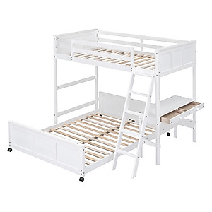 SOFTSEA L-Shaped Loft Bunk Bed with Small Desk 2 Beds in One Solid Wood Bunk Beds with 4 Wheels