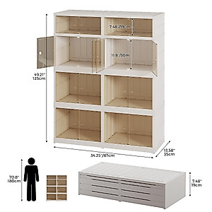 Luoxiao Plastic Storage Cabinet Collapsible Storage Bins with Doors 4 Tier 8 Grids Foldable Storage Boxes with Wheels Stackable Closet Organizer for Kitchen Bathroom Enterway White