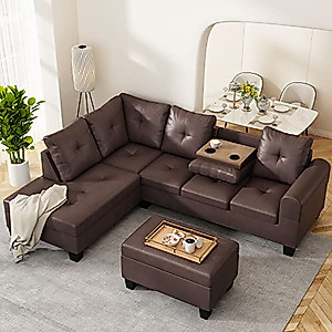 Lamerge Sectional Sofa Couch for Living Room, Modular Sectional Sofa with 6 Seats L Shaped Sofa Set with PU Leather Ottoman, Button Tufted Comfy Living Room Sofa Couch for Small Place