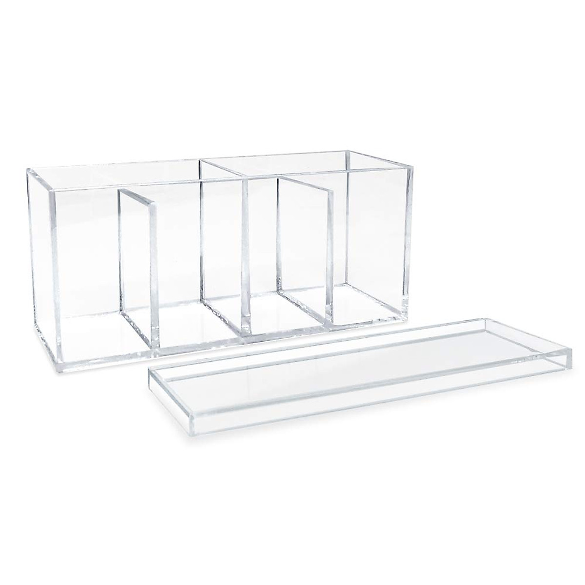 Isaac Jacobs 4-Compartment Clear Acrylic Organizer with Lid (9” L x 3” W x 4” H), Makeup Brush Holder, Sectional Tray, Storage Solution for Makeup, Crafts, Office Supplies & More (1, Clear)