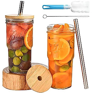SYOUACEND 2 Pack 24oz Glass Tumbler Cup with Bamboo Lid and Straw, Reusable Mason Jar Drinking Glasses Iced Coffee Cup, Wide Mouth Glass Bottle for Bubble Tea, Smoothies, Juice, with 2 Cleaning Brush