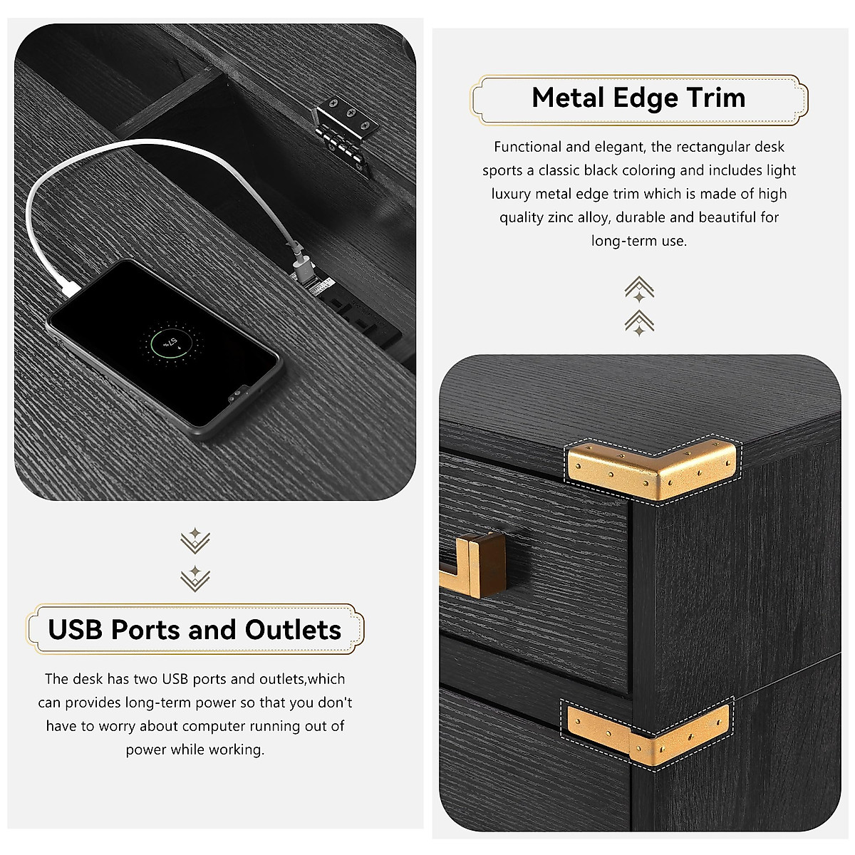 70" Classic and Traditional Executive Desk with Metal Edge Trim, Writing Desk with 7 Drawers, USB Port and Outlets, Desk with Hidden Compartment for Living Room, Home Office, Study Room, Black