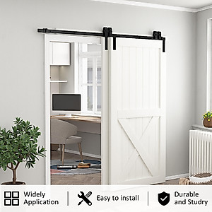 skysen 8FT Heavy Duty Sliding Barn Door Hardware Single Track Bypass Double Door Kit Black(Bypass J Shape-1)