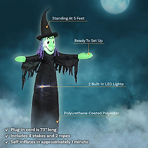 Sunnydaze 5' Wendolyn The Wicked Witch Inflatable Outdoor Halloween Decoration - Built-in Fan Blower and 2 LED Lights